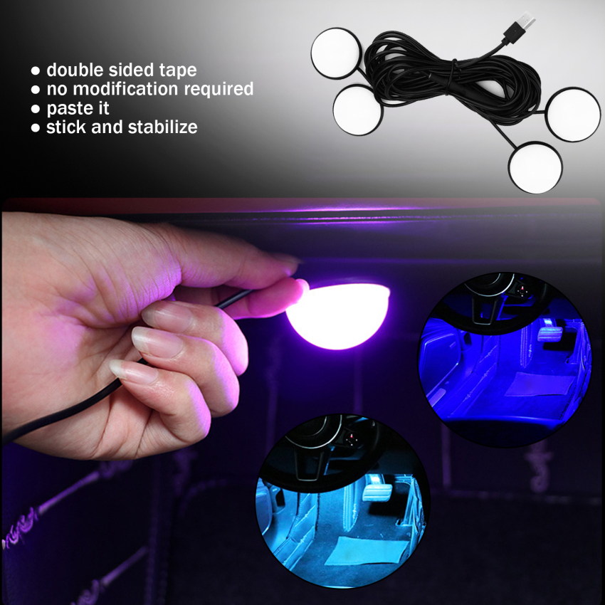 4pcs Led Car Foot Lights Pure Color Ambient Lamp Blue/Ice Blue/Pink 12V ...